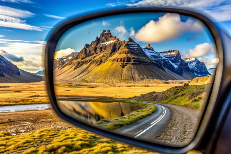 Iceland Landscape through Side View Mirror Dramatic Scenic View on Road ...