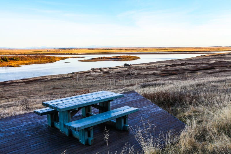 Iceland Landscape with Table and Bench Stock Photo - Image of land ...