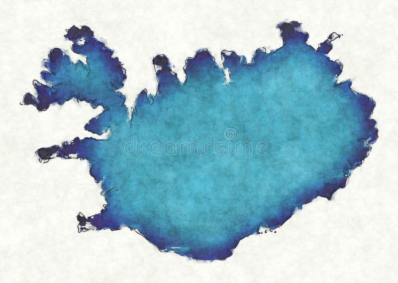 Iceland Map with Drawn Lines and Blue Watercolor Illustration Stock ...