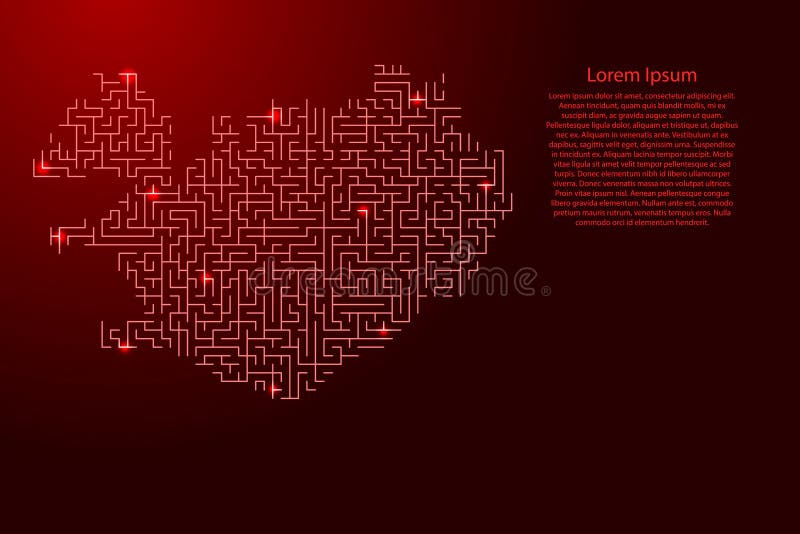 Iceland Map from Red Pattern of the Maze Grid and Glowing Space Stars ...