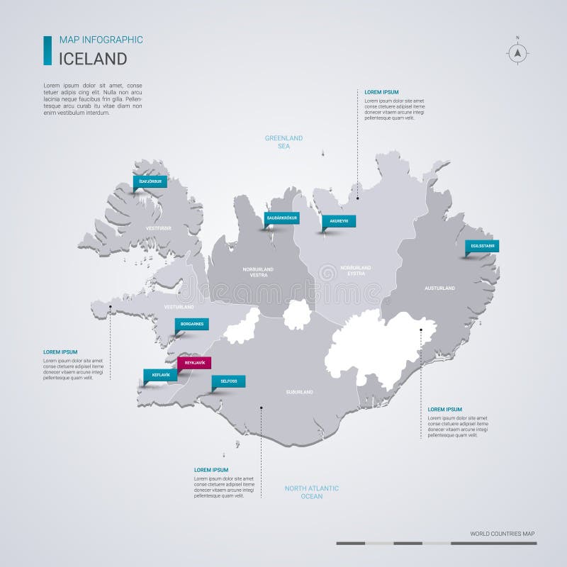 Iceland Vector Map with Infographic Elements, Pointer Marks Stock ...