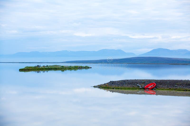 Iceland Water Landscape with Red Boat Stock Photo - Image of nautical ...