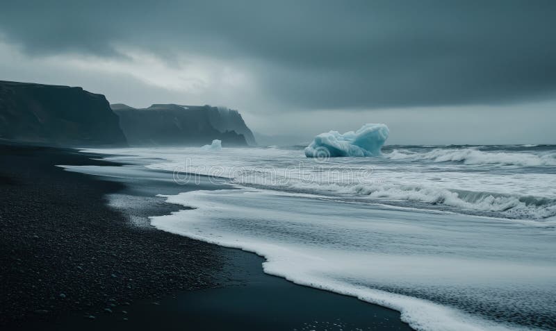 Icelandic Black Sand Beach with Icebergs, Dramatic Cliffs, Moody Sky ...