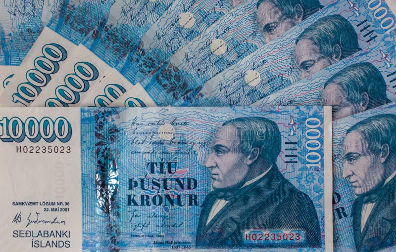 Icelandic Cash. Money Of Iceland. Several Icelandic Krona Bills On ...
