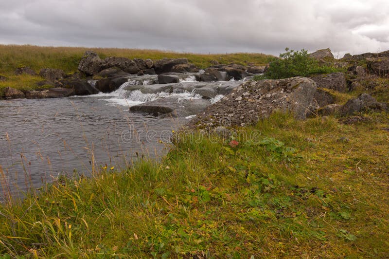 Icelandic Field with Rocks Green Grass and Blue Sky Stock Image - Image ...