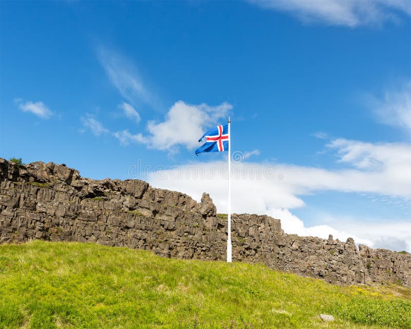 Icelandic Flag in Icelandic Nature Stock Image - Image of blue, green ...