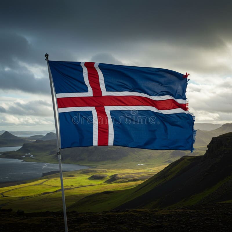 Icelandic Flag Waves Against a Dramatic Landscape, Featuring Rugged ...