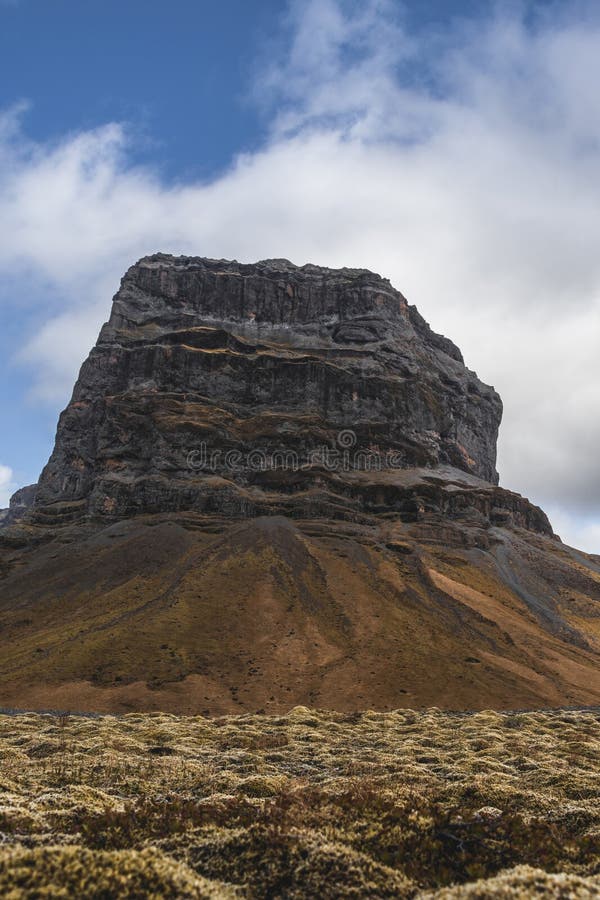 Icelandic Landscape with Big Hill, Moss and Dramatic Clouds. Stock ...