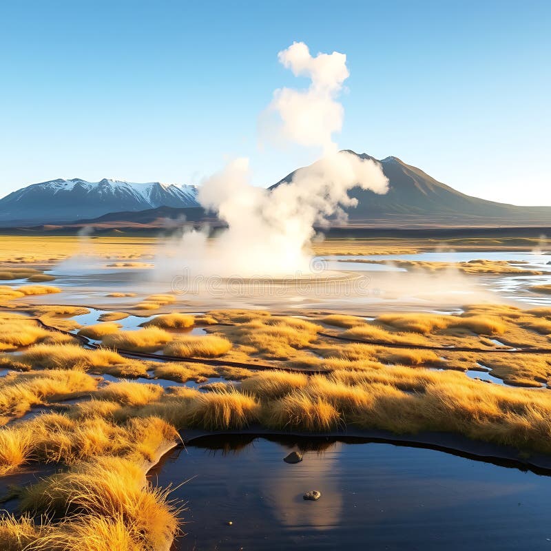 Icelandic Landscape with Geothermal Steam Stock Illustration ...