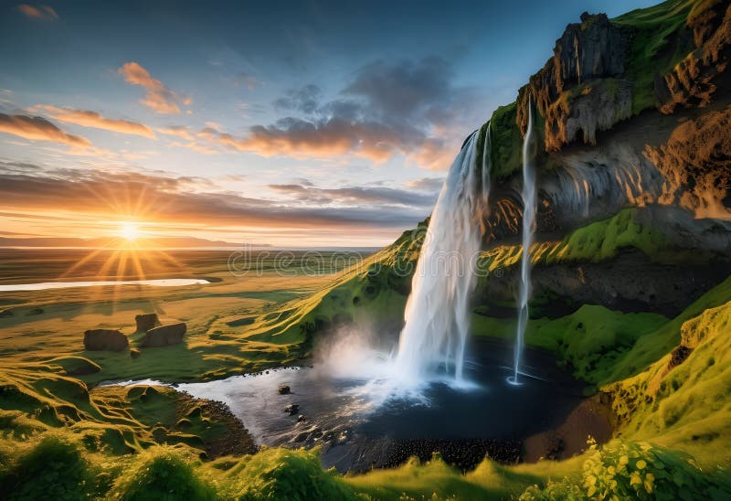 Icelandic Splendor: Seljalandsfoss Waterfall at Sunset in HDR Stock ...