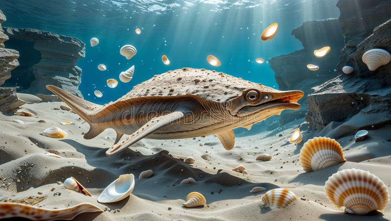 Cretoxyrhina Cruising through Warm Cretaceous Ocean with Scattered ...