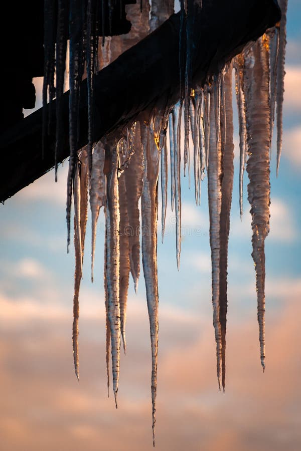 Icicle on the Edge of the Roof with Sky Background Sunset Light Stock ...