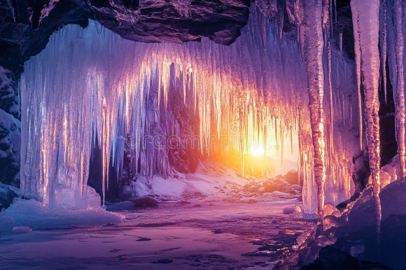 Icicles in a Cave with Vibrant Sunset. Stock Photo - Image of natural ...
