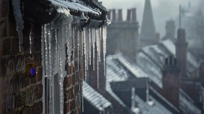 Icicles Dangle from a Rooftop in a City Covered in Snow, Icicles ...