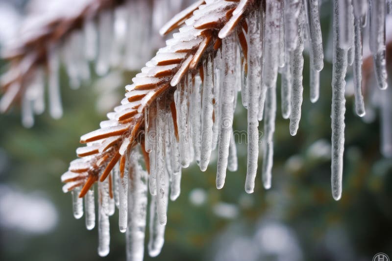 Icicles Forming on a Pine Tree during a Snowy Day Stock Image - Image ...