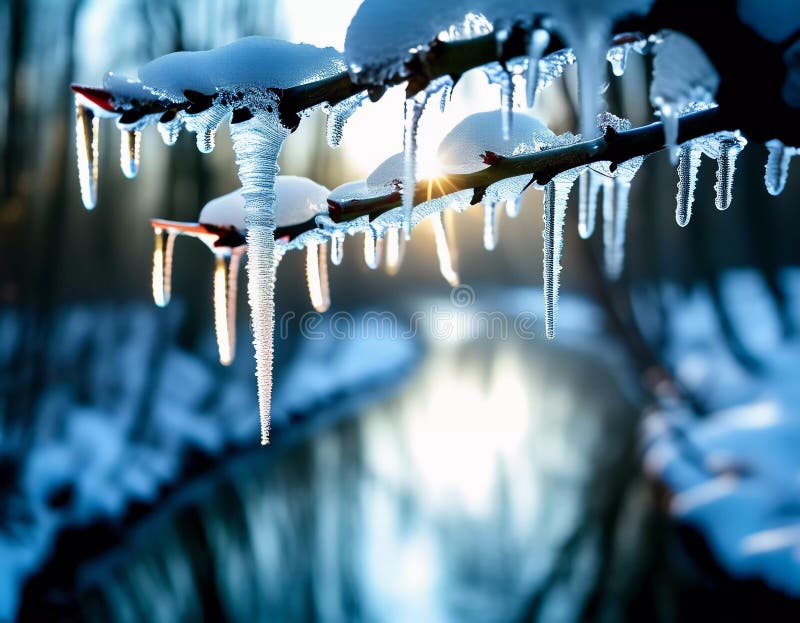 Icicles Hang from Evergreen Branches, Reflecting the Warm Rays of the ...