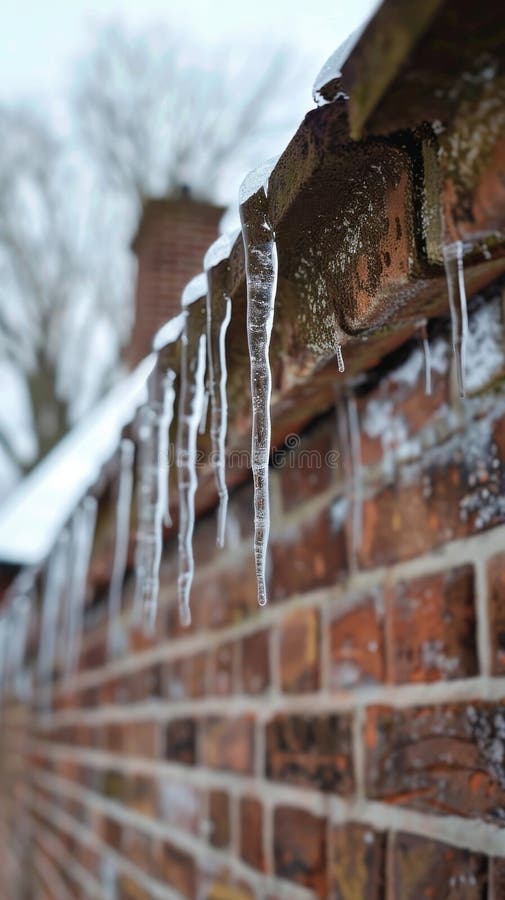 Icicles Hanging from a Brick Wall Rooftop Stock Photo - Image of frost ...