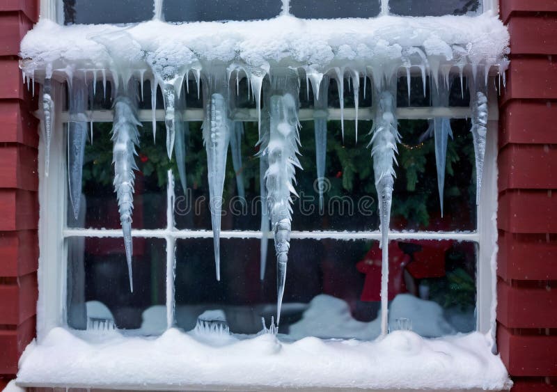 Icicles Hanging from a Christmas-Themed Window, in a Snowstorm ...