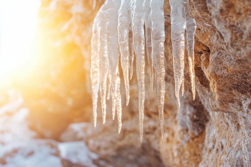 Icicles Hanging from Rocky Cliffside Illuminated by Warm Sunlight ...