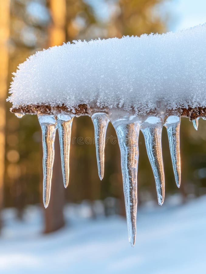 Icicles Hanging on a Snowy Branch Stock Illustration - Illustration of ...
