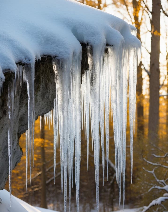 Icicles Hanging from a Snowy Cliff in a Sunlit Forest. Stock Photo ...