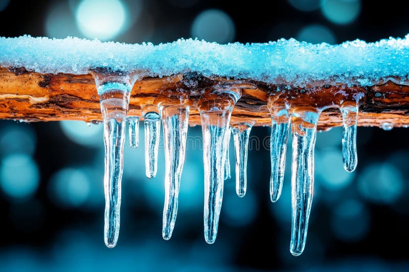 Icicles Hanging from a Tree Branch Stock Photo - Image of wooden ...