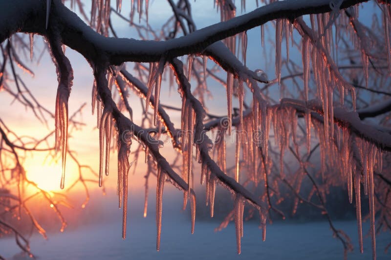 Icicles Hanging from a Tree Branch at Dawn Stock Illustration ...