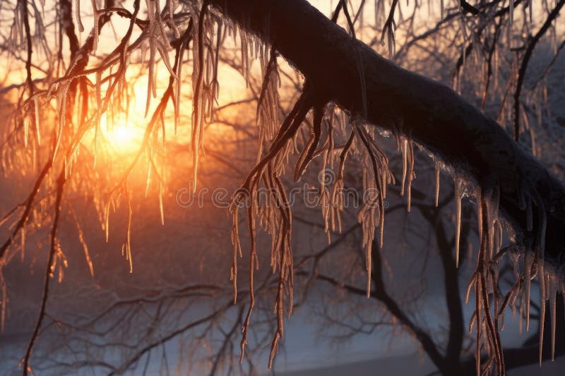 Icicles Hanging from a Tree Branch at Sunrise Stock Illustration ...