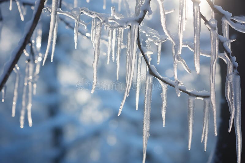 Icicles Hanging from Tree Branches Against a Snowy Forest Backdrop ...