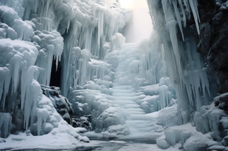 Icicles and Ice Formations in Frozen Cave. Stock Image - Image of ...