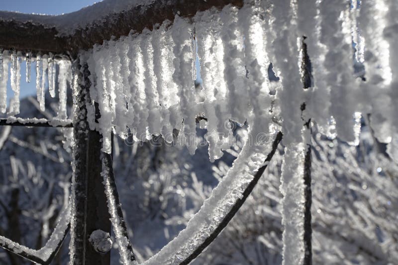 Icicles and Snow on the Old Balcony Railing Stock Image - Image of ...