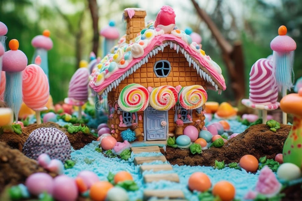 Icing-covered Gingerbread House with a Candy Garden Stock Photo - Image ...