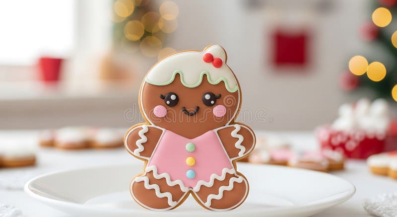 Cute Gingerbread Cookie Shaped Like a Person on a White Plate. Decorated with Stock Illustration ...