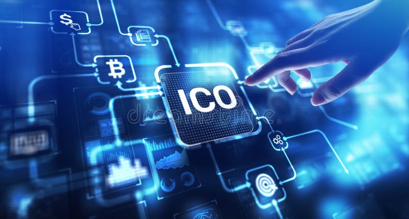 ICO Initial Coin Offering for Blockchain-Based Fundraising, Projection on a Virtual Screen ...