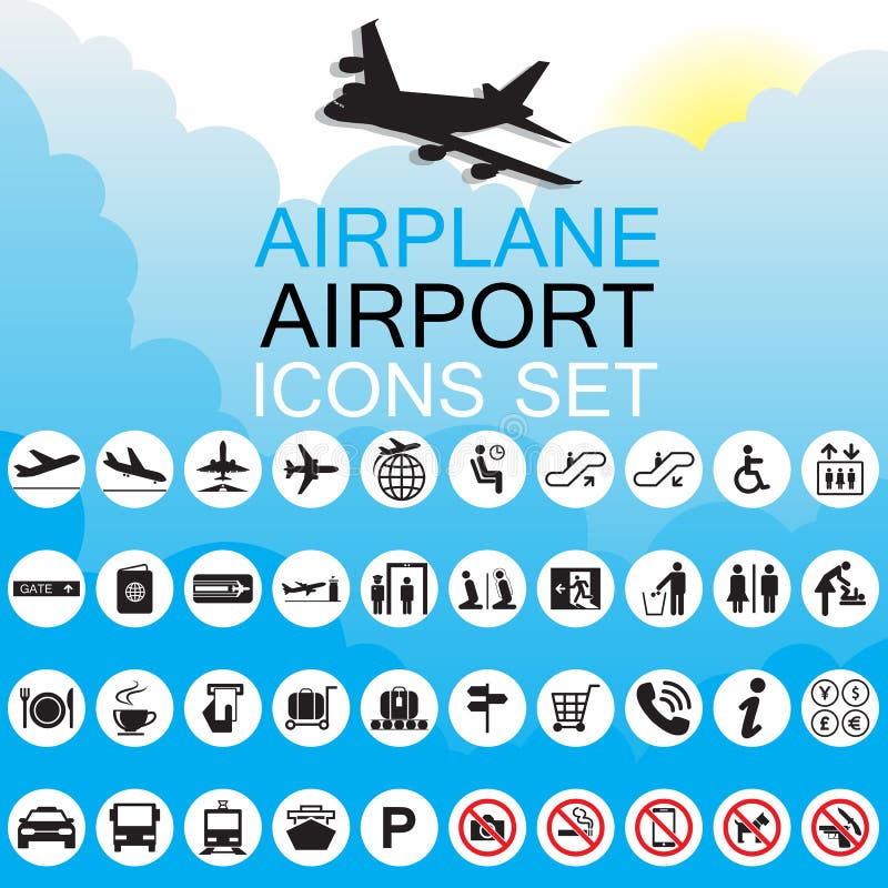 Set of Airport Signs and Symbols on Blue Stock Vector - Illustration of ...