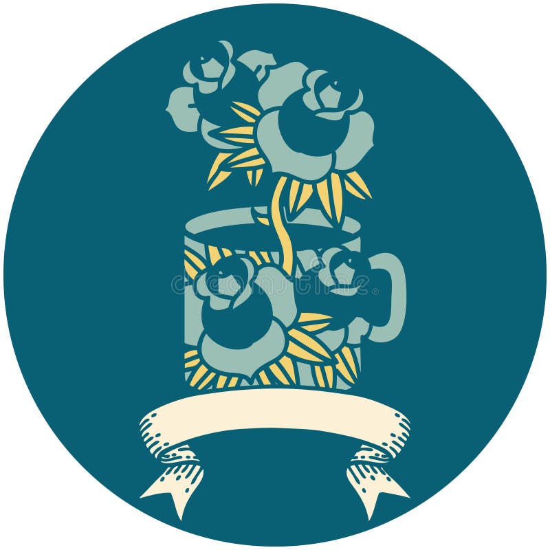Icon with Banner of a Cup and Flowers Stock Vector - Illustration of ...