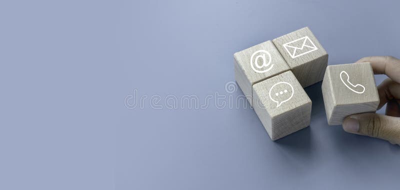 Icon of Communication Type on Wooden Cube. Contact Us or Customer ...
