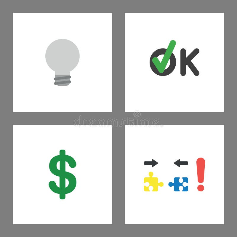 Icon Concept Set. Grey Light Bulb, Ok with Check Mark, Dollar Symbol ...