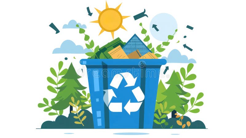 Icon Featuring Blue Recycling Bin with Symbol, Surrounded by Trees ...