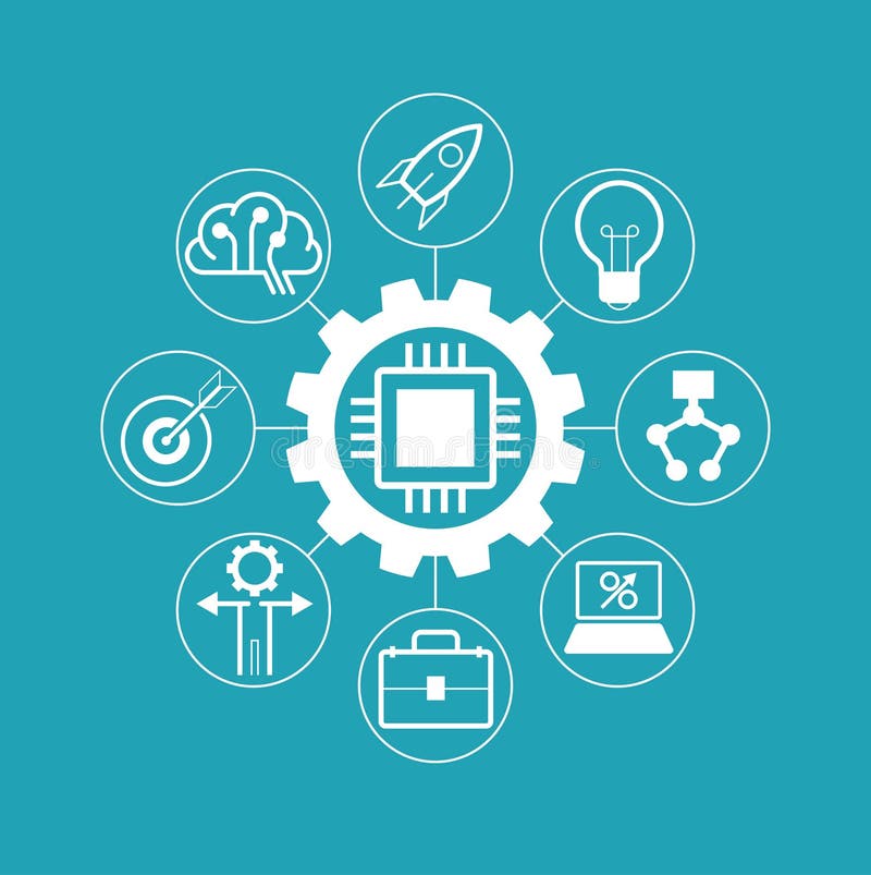 Icon Gears with Computer Chip Surrounded by Business Icons and ...