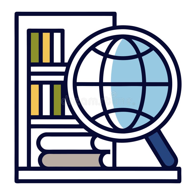 Research and Global Studies: Globe with Magnifying Glass and Bookshelf ...