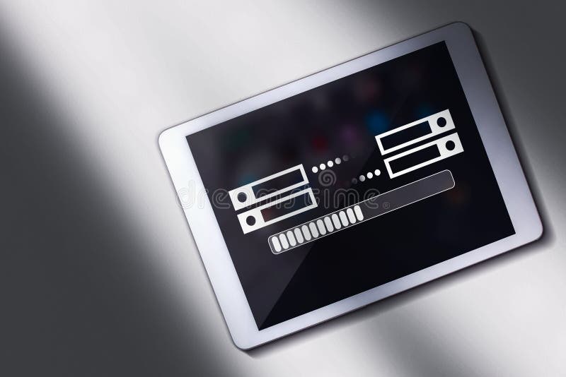 White Desktop Top View of Digital Tablet with Data Host Server Storage ...