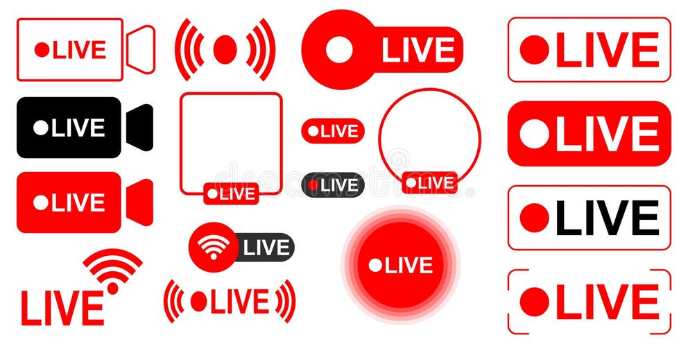 Live Broadcasting Button Live Streaming Red Icon Set Online Video Live ...