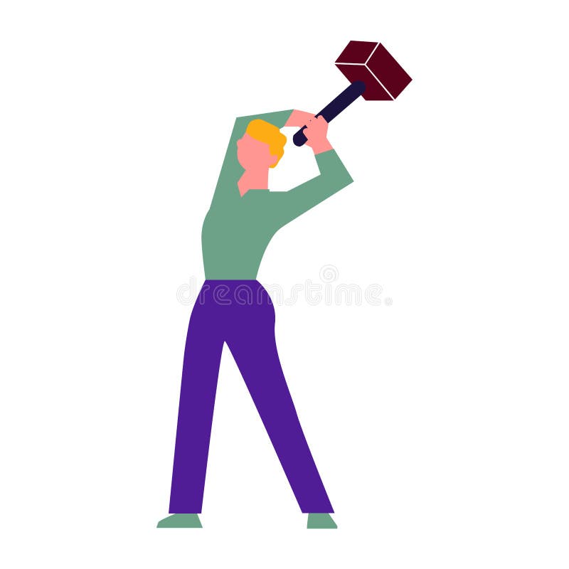 Icon of Man with Hammer Destroys Workplace on White Background. Vector ...