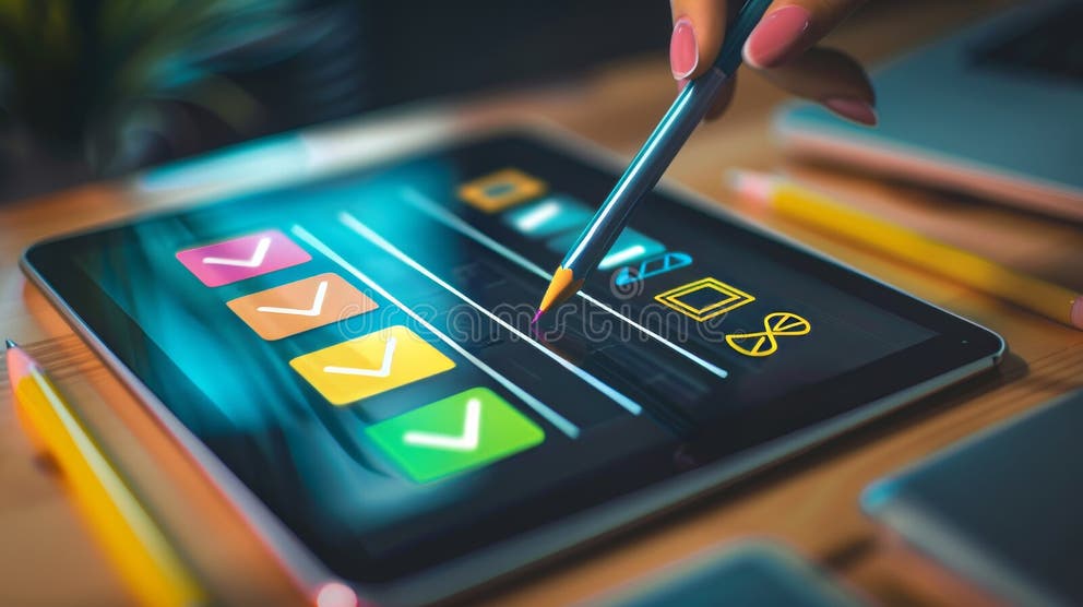 An Icon of a Questionnaire Hangs Out of a Digital Tablet Screen. the ...