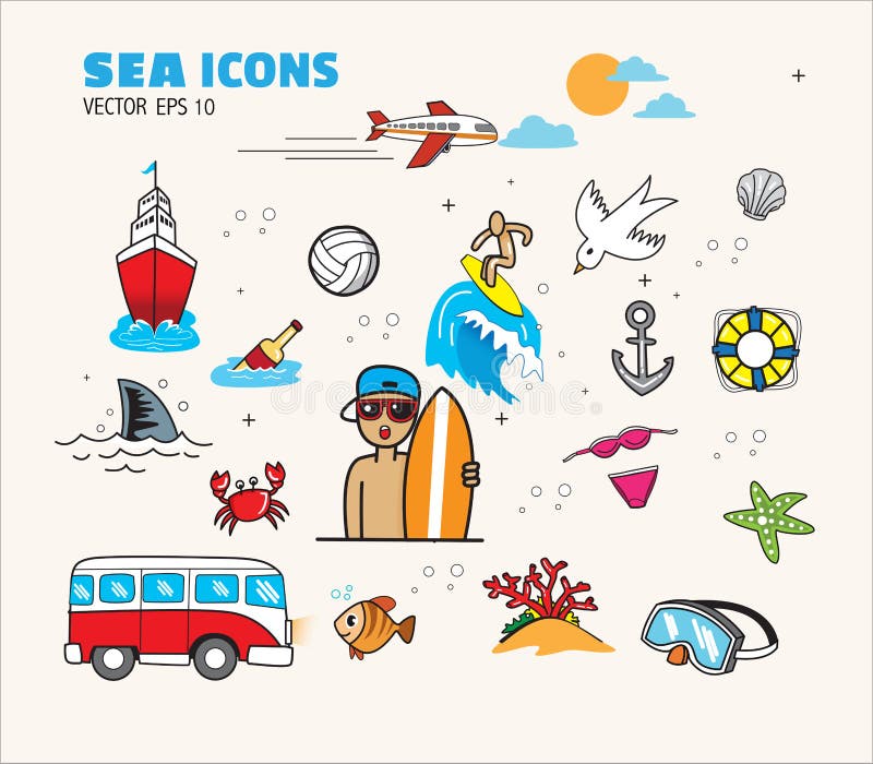 Summer beach surfing icons stock vector. Illustration of shoes - 80893550