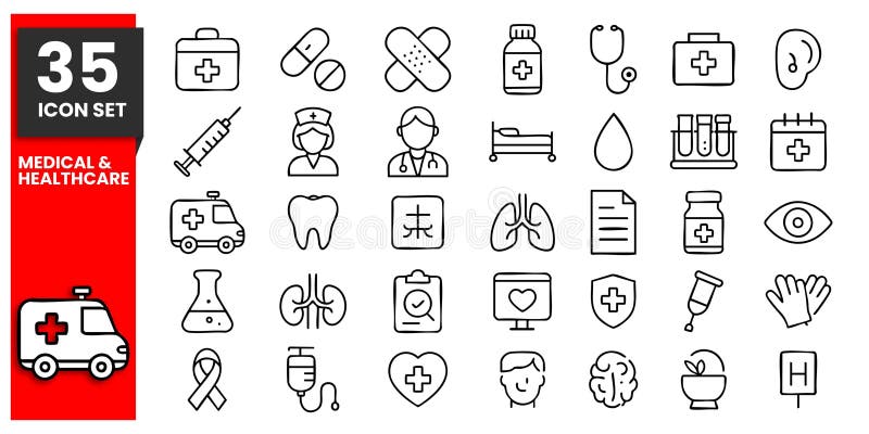 35 Essential Line Icons Medical & Healthcare Theme Stock Vector ...
