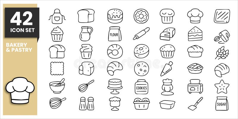 42 Essential Line Icons Bakery & Pastery Theme Stock Vector ...