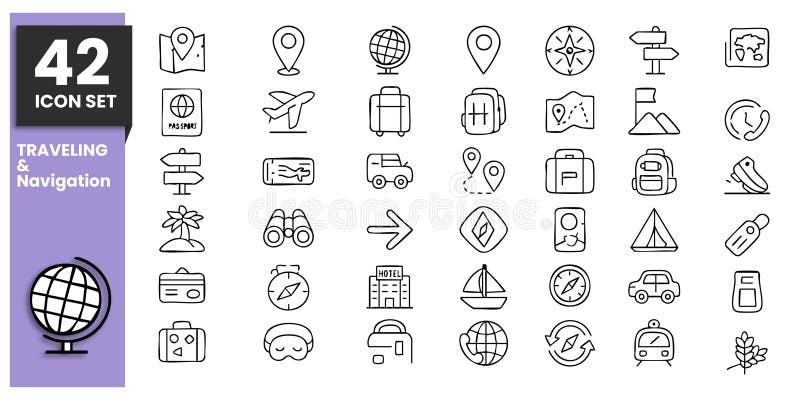 42 Essential Line Icons Traveling & Navigation Theme Stock Vector ...