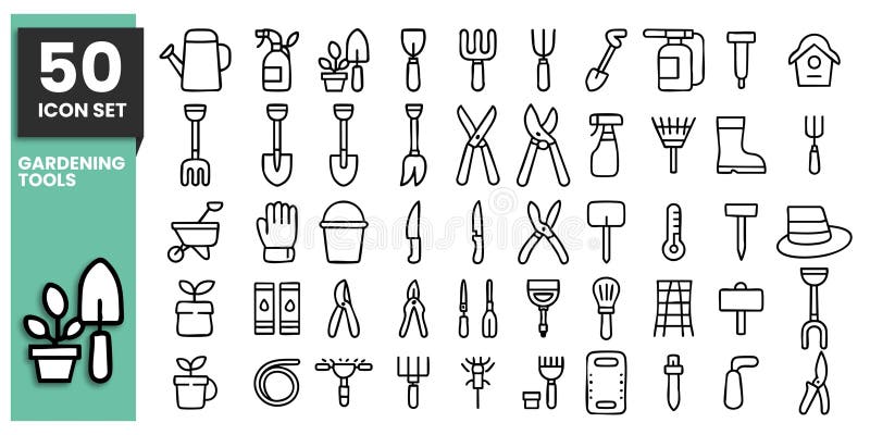 50 Essential Line Icons Gardening Tools Theme Stock Vector ...